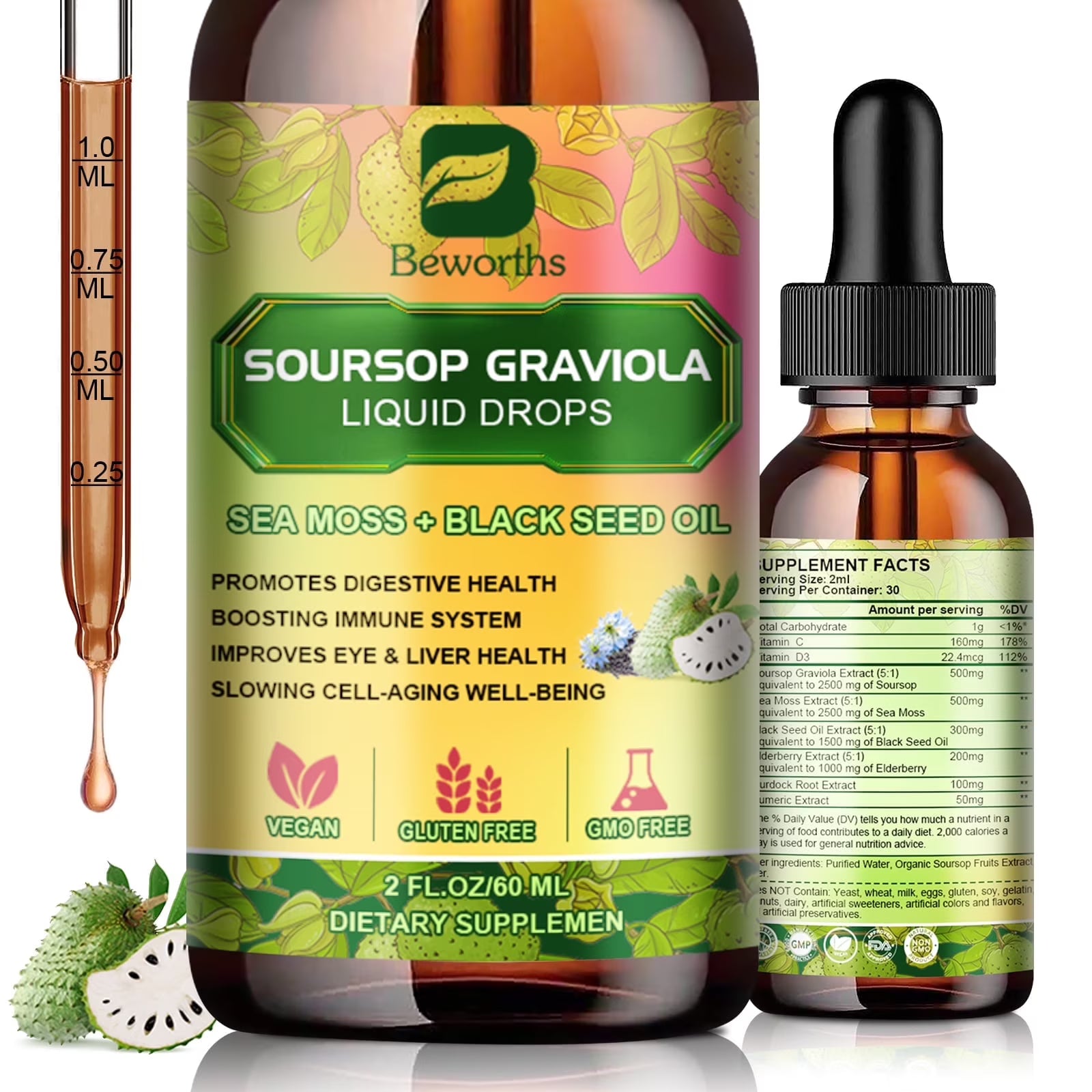 Organic Soursop Graviola with Sea Moss Liquid Drops, Soursop Bitters L ...